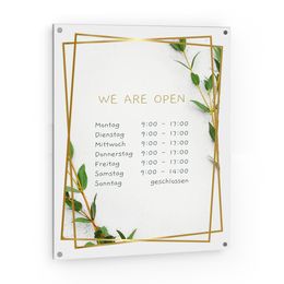 &Ouml;ffnungszeiten Schild personalisierbar | "We are Open" Goldrahmen | Format 3:4 | diverse Materialien | &Ouml;ffnungszeiten Vorlage online bestellen