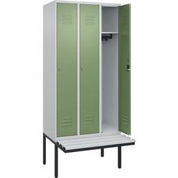 C+P Spind Classic PLUS Sitzbank, 3 Abteile, lichtgrau / resedagrün, B 900 mm, Zylinderschloss, auskragend, Kunststoff