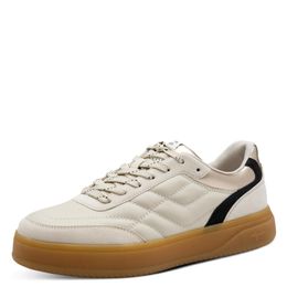 Plateausneaker Tamaris, Damen, Gr. 36, creme kombiniert, Leder, Lederimitat, gesteppt, unifarben mit Farbeinsätzen, Sportlich, Schuhe, Freizeitschuh, Halbschuh, Schnürschuh mit trendiger Ziersteppung