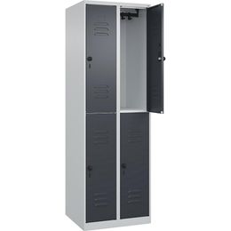 C+P Doppelstock-Spind Classic PLUS, 2 Abteile, lichtgrau / grau, HxB 1850 x 600 mm, mit Bodengleitern, Drehriegel