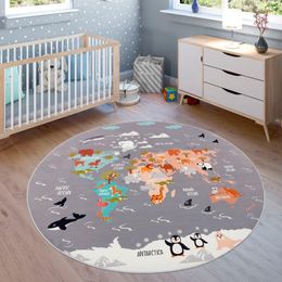 Paco Home Kinderteppich »Bino 581« rund 4 mm Höhe Spielteppich, Motiv Weltkarte & Tiere, Kinderzimmer Grau Obermaterial: 100% Polyester Ø 200 cm...