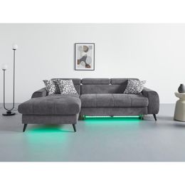 COTTA Ecksofa &raquo;Mia L-Form mit 3 Zierkissen&laquo; wahlweise mit Bettfunktion, Bettkasten, Beleuchtung & Wireless-Charger grau 90% Polyester 10% Polyamid