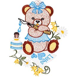 W. REUTER & SOHN - PLAUENER SPITZE Fensterbild &raquo;Teddy&laquo; Made in Germany blau, braun, ecru B/L: 15 cm x 20 cm