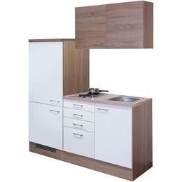 Flex-Well K&uuml;chenzeile &raquo;Samoa&laquo; Gesamtbreite 160 cm, mit Einbau-K&uuml;hlschrank, Kochfeld und Sp&uuml;le etc. K&uuml;che: wei&szlig; + Front: Wei&szlig; / Sonoma Eiche +...