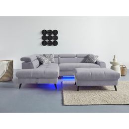 COTTA Ecksofa &raquo;Mia L-Form mit 3 Zierkissen&laquo; wahlweise mit Bettfunktion, Bettkasten, Beleuchtung & Wireless-Charger grau 100% Polyester