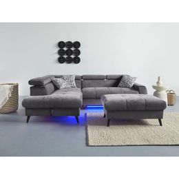 COTTA Ecksofa &raquo;Mia L-Form mit 3 Zierkissen&laquo; wahlweise mit Bettfunktion, Bettkasten, Beleuchtung & Wireless-Charger grau 90% Polyester 10% Polyamid