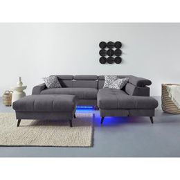 COTTA Ecksofa »Mia L-Form mit 3 Zierkissen« wahlweise mit Bettfunktion, Bettkasten, Beleuchtung & Wireless-Charger grey