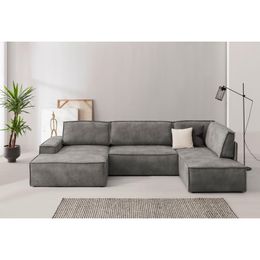 Home Affaire Wohnlandschaft »SHERWOOD 329 cm, U-Form, Schlafsofa, « Schlaffunktion m. Bettkasten (194x139 cm), Cord, Vintage, Samtvelours dunkelgrau
