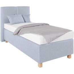 Westfalia Schlafkomfort Boxspringbett mit Zierkissen Strukturstoff hellblau