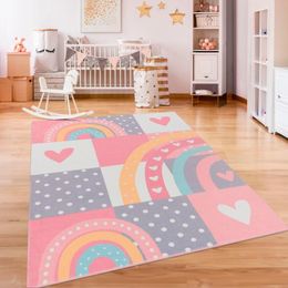 Paco Home Kinderteppich &raquo;Eliz 397&laquo; rechteckig 12 mm H&ouml;he Spielteppich, Patchwork-Muster, Motiv Regenbogen, Punkte & Herz Mehrfarbig Obermaterial:...