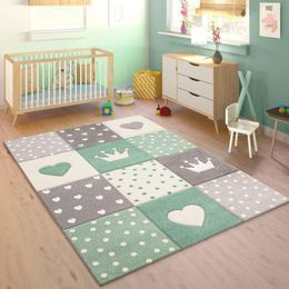 Paco Home Kinderteppich »Cosmo 339« rechteckig 16 mm Höhe Kurzflor, Pastell-Farben, 3D-Effekt, Motiv Herz, Punkte & Krone grün Obermaterial: 100%...