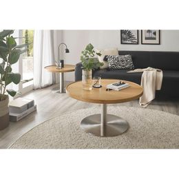 MCA furniture Couchtisch »MONTEVERDE« Eiche furniert, Säule Ø 60 mm, Bodenplatte Ø 370 mm, belastbar 20 kg naturfarben + Edelstahl-Optik + naturfarben