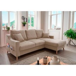 Inosign Ecksofa »Valentina L-Form« 2 Zierkissen, mit Seitentasche, ausziehbarer Liegefläche, Bettkasten beige