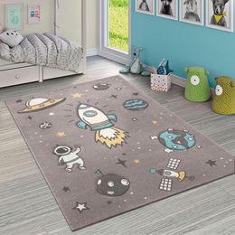 Paco Home Kinderteppich »Diamond 100« rechteckig 18 mm Höhe 3D-Design, Motiv Weltraum, Rakete & Astronaut, Kinderzimmer grau Obermaterial: 100%...