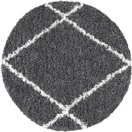 Paco Home Hochflor-Teppich &raquo;Kalmar 442&laquo; rund 40 mm H&ouml;he Scandi Design, Rauten Muster, weich & kuschelig anthrazit Obermaterial: 100% Polypropylen &Oslash;...