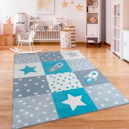 Paco Home Kinderteppich »Eliz 395« rechteckig 12 mm Höhe Kurzflor, Spielteppich, Patchwork-Muster, Motiv Rakete, Sterne, Punkte Blau Obermaterial:...