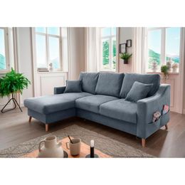 Inosign Ecksofa »Valentina L-Form« 2 Zierkissen, mit Seitentasche, ausziehbarer Liegefläche, Bettkasten blau