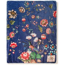 Happiness Plaid »Cooper« Sehr Weich, Kuscheldecke, Mit Pompons, 130x160 cm, Wendeoptik, Blumen blau/dunkelblau Obermaterial: 100% Polyester B/L:...