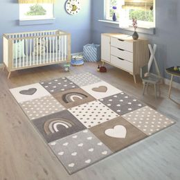 Paco Home Kinderteppich »Cosmos 349« rechteckig 16 mm Höhe Kurzflor, kariert, 3D Effekt, Motiv Regenbogen, Herz & Punkte Beige Obermaterial: 100%...