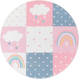 Paco Home Kinderteppich »Eliz 396« rund 12 mm Höhe Spielteppich, Patchwork-Muster, Motiv Regenbogen, Wolke & Herz Pink Obermaterial: 100% Polyester...