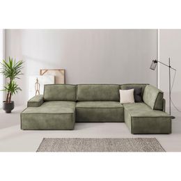 Home Affaire Wohnlandschaft »SHERWOOD 329 cm, U-Form, Schlafsofa, « Schlaffunktion m. Bettkasten (194x139 cm), Cord, Vintage, Samtvelours olivgrün
