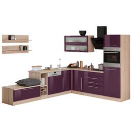 KOCHSTATION Winkelküche »KS-Samos« Stellbreite 300x250 cm, wahlweise mit E-Geräten und Induktionskochfeld Küche: lila + Front: aubergine Hochglanz...