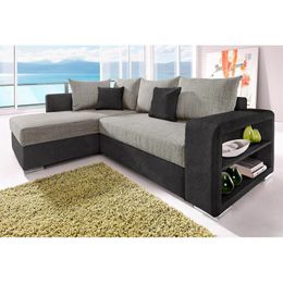 Collection AB Ecksofa »John L-Form« Regalarmlehne, Bettfunktion, Bettkasten, Ottomane beiseitig montierbar schwarz/grau