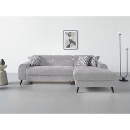 COTTA Ecksofa »Mia L-Form mit 3 Zierkissen« wahlweise mit Bettfunktion, Bettkasten, Beleuchtung & Wireless-Charger grey