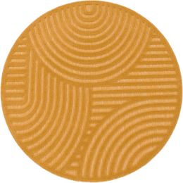 Paco Home Teppich &raquo;Livorno 674&laquo; rund 14 mm H&ouml;he Uni-Farben, Scandi, Regenbogen, Hoch-Tief Effekt, Outdoor geeignet gelb Obermaterial: 100%...