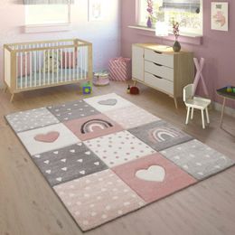 Paco Home Kinderteppich »Cosmos 349« rechteckig 16 mm Höhe Kurzflor, kariert, 3D Effekt, Motiv Regenbogen, Herz & Punkte Pink Obermaterial: 100%...