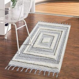 Carpet City Hochflor-Teppich »VALENCIA 940« rechteckig 20 mm Höhe Läufer, Boho-Stil, Hochtief-Muster/ 3D-Effekt, mit Fransen Grau-Blau...