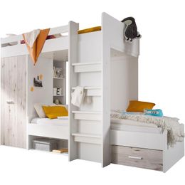 Begabino Hochbett &raquo;MAXI&laquo; mit 2 Liegefl&auml;chen, Kleiderschrank und Regalen wei&szlig;/sandeichefarben