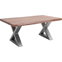 MCA furniture Couchtisch &raquo;Cartagena&laquo; Couchtisch Massivholz mit Baumkante und nat&uuml;rlichen Rissen und L&ouml;chern Walnuss + Edelstahl geb&uuml;rstet + Walnuss