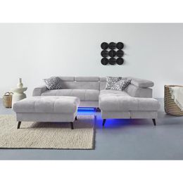 COTTA Ecksofa »Mia L-Form mit 3 Zierkissen« wahlweise mit Bettfunktion, Bettkasten, Beleuchtung & Wireless-Charger grey