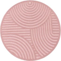 Paco Home Teppich &raquo;Livorno 674&laquo; rund 14 mm H&ouml;he Uni-Farben, Scandi, Regenbogen, Hoch-Tief Effekt, Outdoor geeignet pink Obermaterial: 100%...