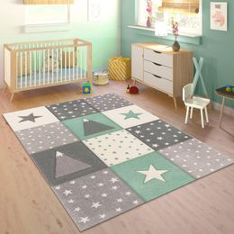 Paco Home Kinderteppich »Cosmo 340« rechteckig 17 mm Höhe Kurzflor, Pastell-Farben, 3D Effekt, Motiv Berge, Punkte & Sterne Grün Obermaterial: 100%...