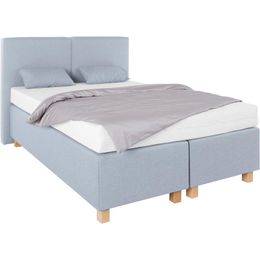 Westfalia Schlafkomfort Boxspringbett mit Zierkissen Strukturstoff hellblau