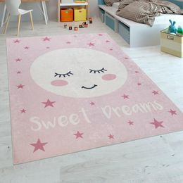 Paco Home Kinderteppich »Aleyna 103« rechteckig 6 mm Höhe Kinder Design, niedliches Mond Motiv mit Schriftzug, Kinderzimmer pink Obermaterial: 100%...