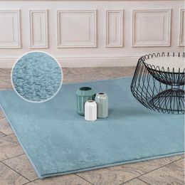 Carpet City Hochflor-Teppich »TOPIA 400« rechteckig 21 mm Höhe Kunstfell-Teppich mit Kaninchenfell-Optik, Haptik, Schlafzimmer blau Obermaterial:...