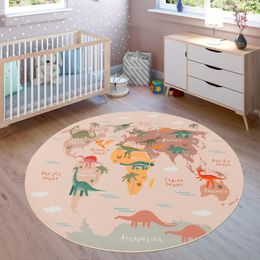 Paco Home Kinderteppich »Bino 583« rund 4 mm Höhe Spielteppich, Motiv Weltkarte & Dinosaurier, Kinderzimmer Beige Obermaterial: 100% Polyester Ø...