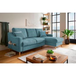 Inosign Ecksofa »Valentina L-Form« 2 Zierkissen, mit Seitentasche, ausziehbarer Liegefläche, Bettkasten denim