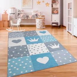Paco Home Kinderteppich »Eliz 391« rechteckig 12 mm Höhe Kurzflor, Spielteppich, Patchwork-Muster, Motiv Krone, Herz & Punkte Blau Obermaterial:...