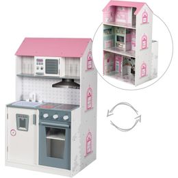 Roba Spielküche »2-in-1, rosa« mit mehrstöckigem Puppenhaus weiß/rosa