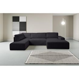 WERK2 Wohnlandschaft »Rotterdam-U, U-Form, in kuschelweichem Cord oder Breitcord« Design Sofa mit Schlaffunktion & Bettkasten, Breitcord, Schwarz...
