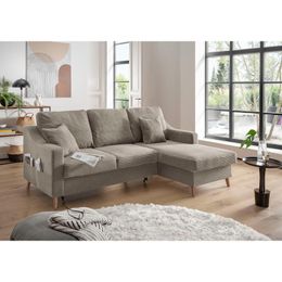 Inosign Ecksofa »Valentina L-Form« 2 Zierkissen, mit Seitentasche, ausziehbarer Liegefläche, Bettkasten grau-braun