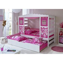 Ticaa Hausbett &raquo;Lio&laquo; Hausbett, inkl. Zusatzbett und Rollrost pink Kiefer massiv, FSC -zertifiziert;Textil-Set: 100% Baumwolle;Kunststoffrollen
