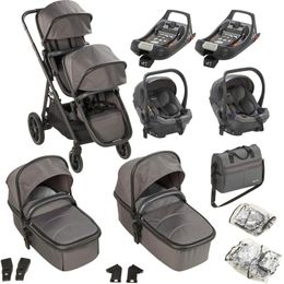 BABYGO Zwillings-Kombikinderwagen »Duo Ultra Set, grau« inkl. 2 Babyschalen, 2 Isofix Base, Wickeltasche u. 2 Regenhauben grau
