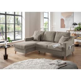 Inosign Ecksofa »Valentina L-Form« 2 Zierkissen, mit Seitentasche, ausziehbarer Liegefläche, Bettkasten grau-braun