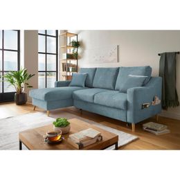 Inosign Ecksofa »Valentina L-Form« 2 Zierkissen, mit Seitentasche, ausziehbarer Liegefläche, Bettkasten denim
