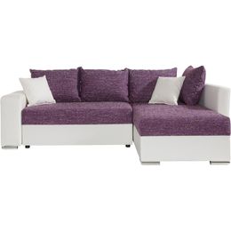 Collection AB Ecksofa »John L-Form« Regalarmlehne, Bettfunktion, Bettkasten, Ottomane beiseitig montierbar weiß/lila
